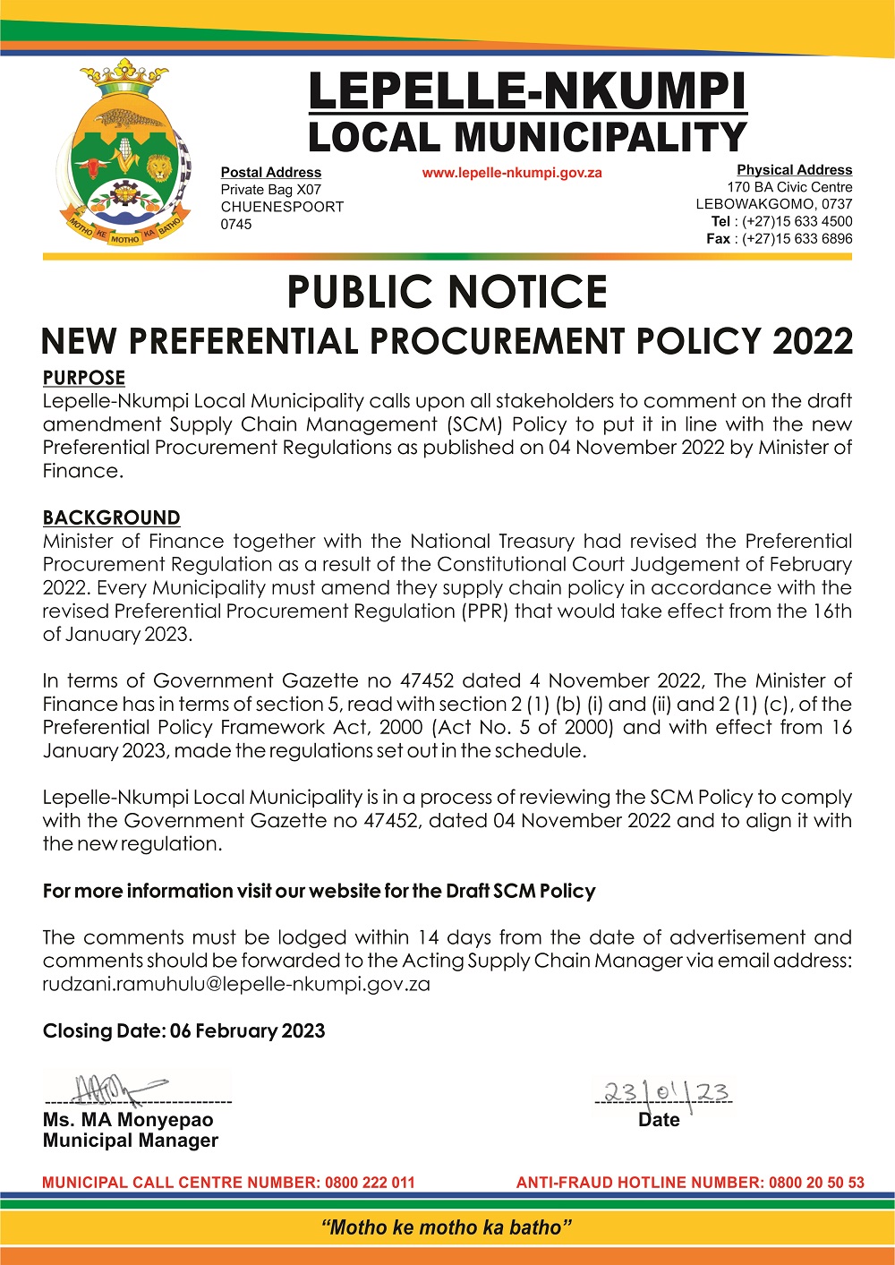 Tenders | Lepelle-Nkumpi Local Municipality